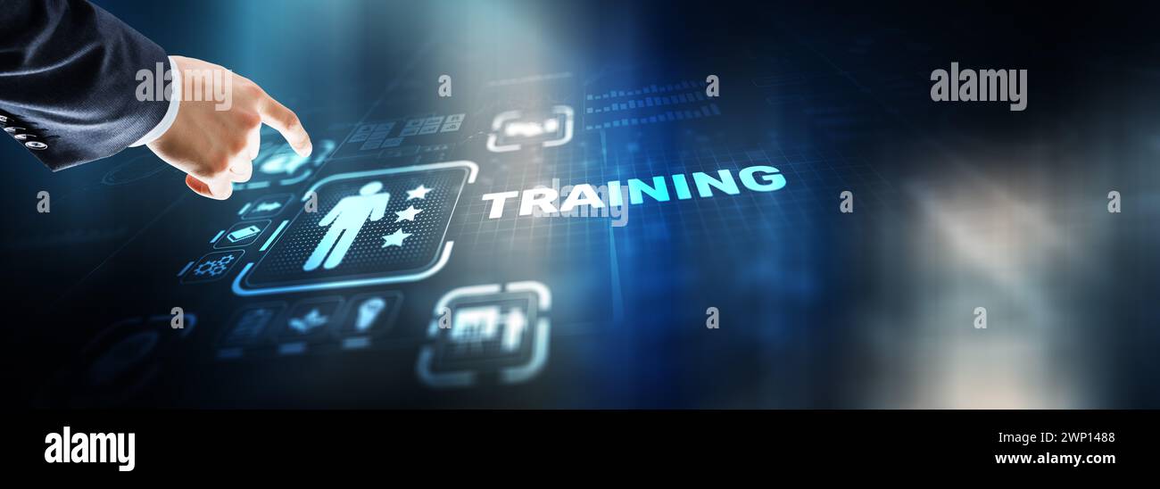 Training concept. Businessman pressing on touch screen interface ...