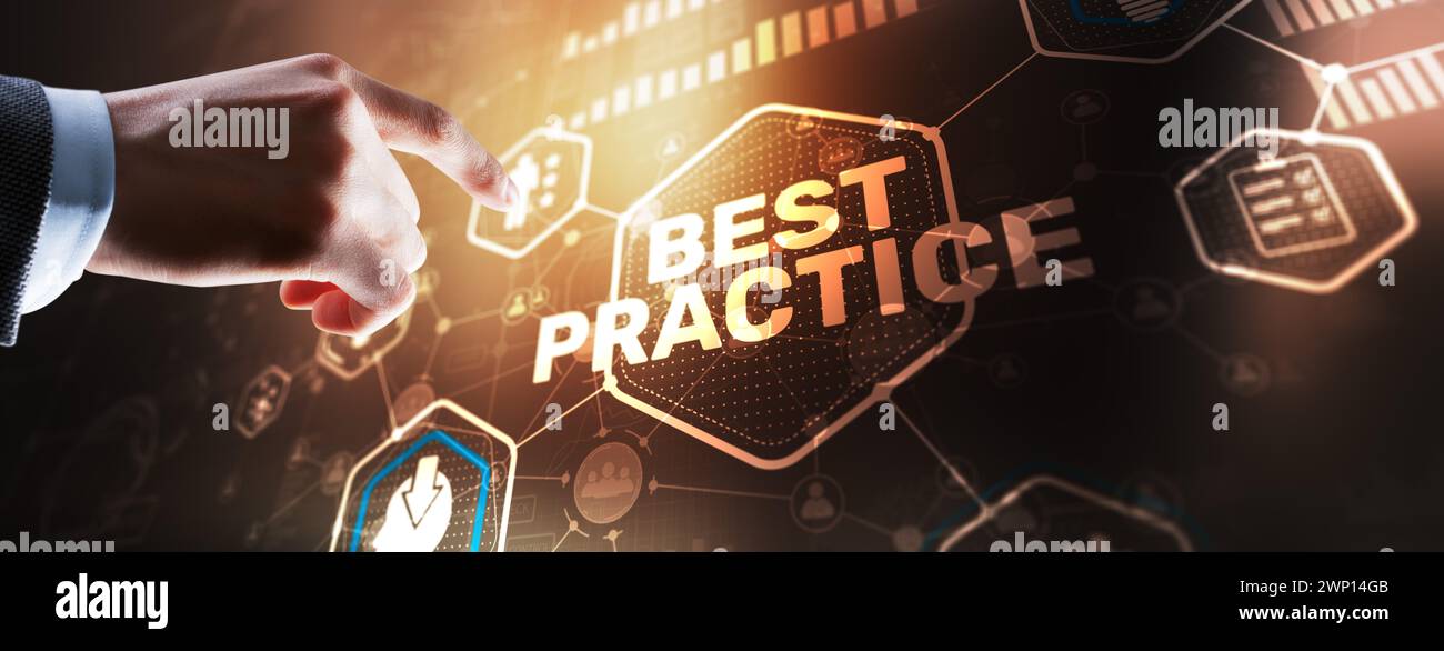 Best Practice concept with hand pressing icons. Businessman touching ...