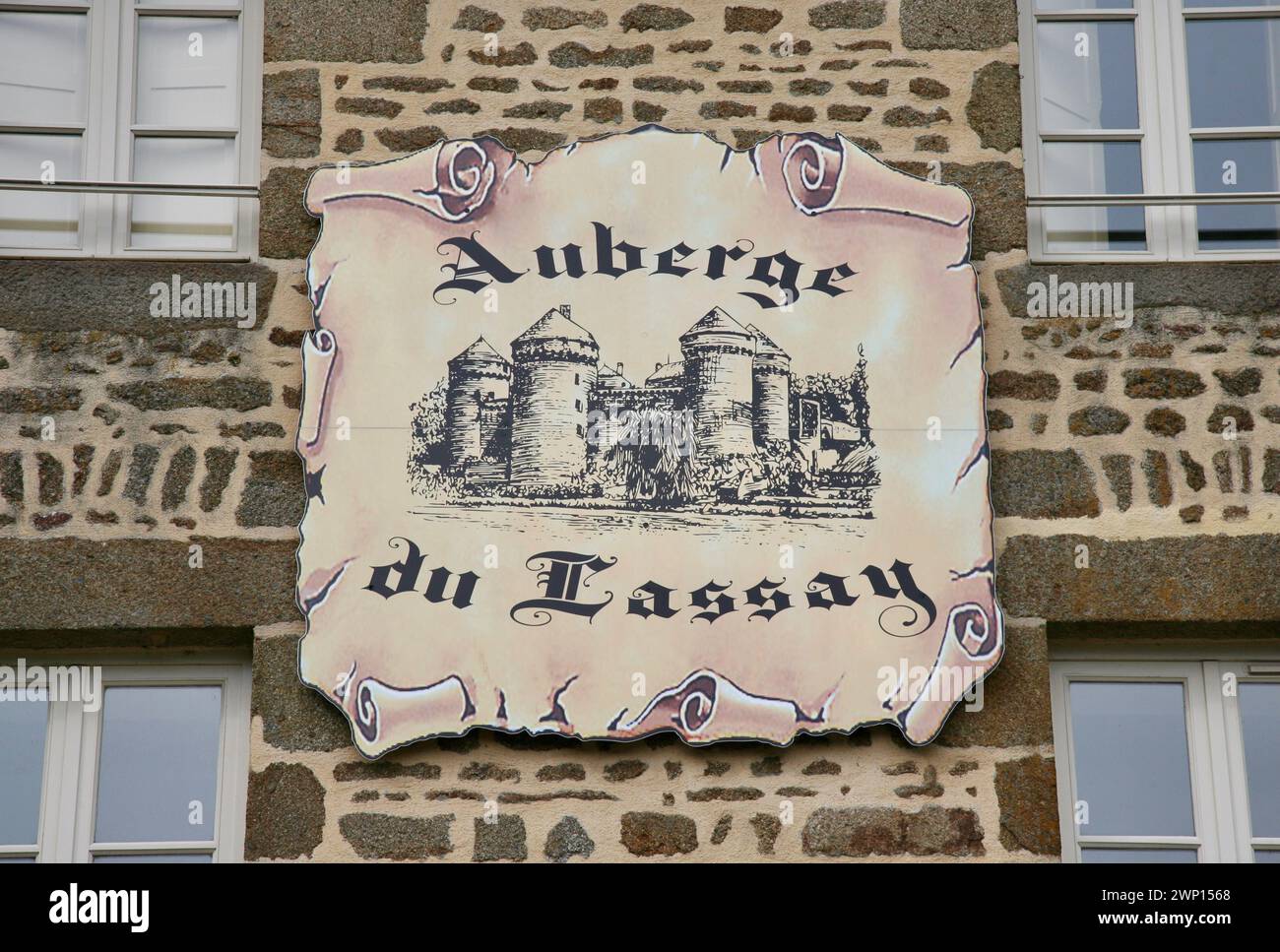 A sign outside the Auberge in the centre of Lassay Les Chateaux ...