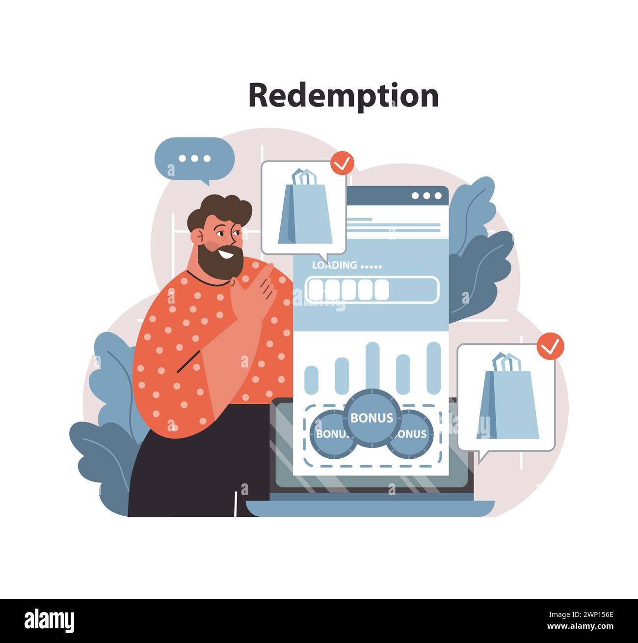 Redemption concept. Man eagerly awaits bonus rewards on digital ...