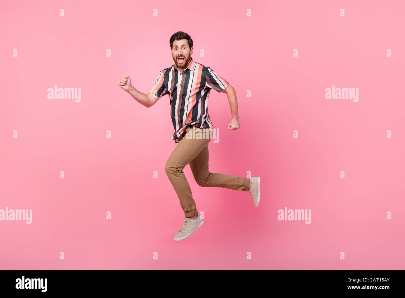Full length body size photo of funky man flying jumping running away ...