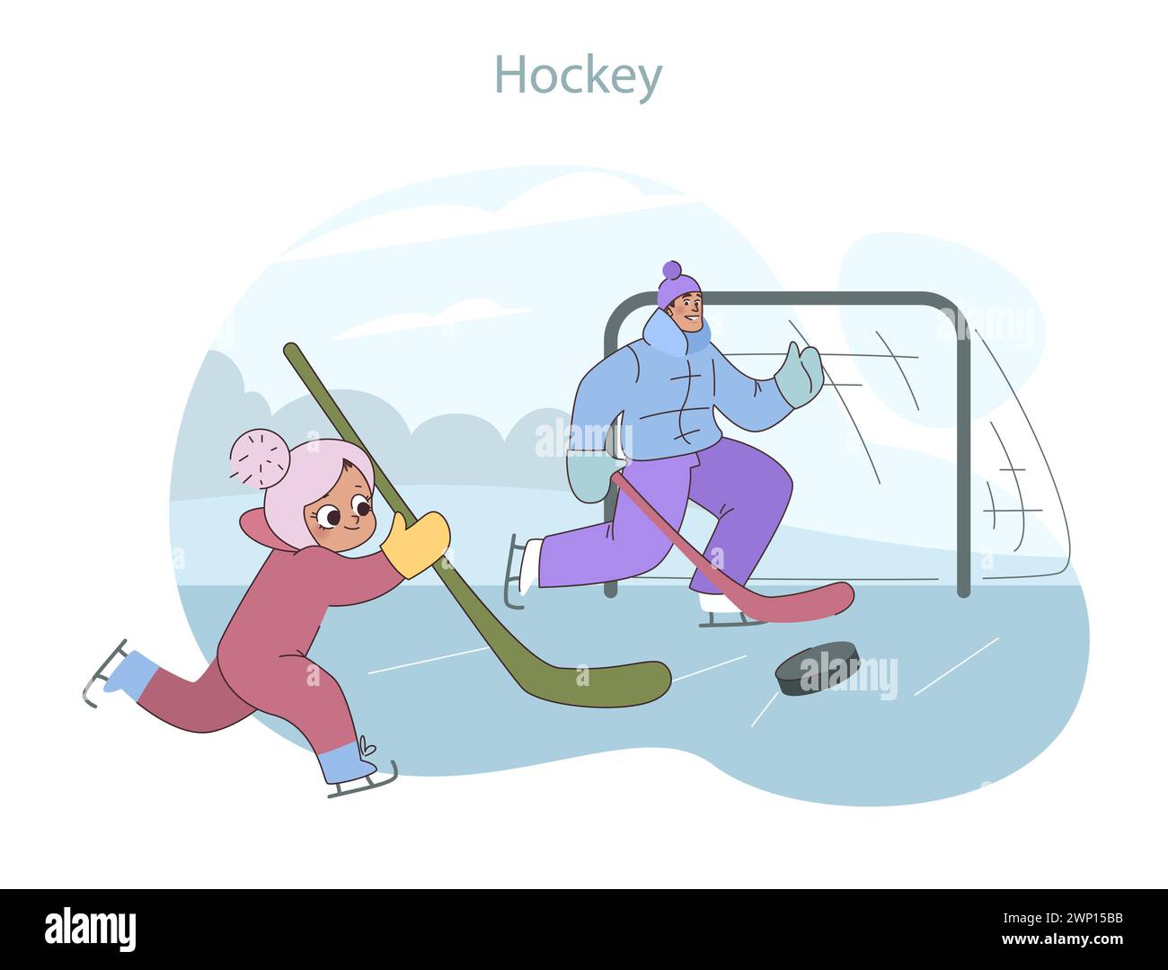 Winter sports fun. A child and parent enjoy a playful game of hockey on ...