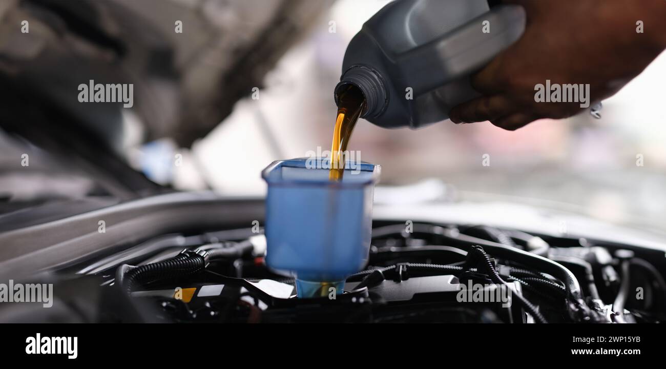 Mechanic pouring engine oil into engine in car service Stock Photo - Alamy