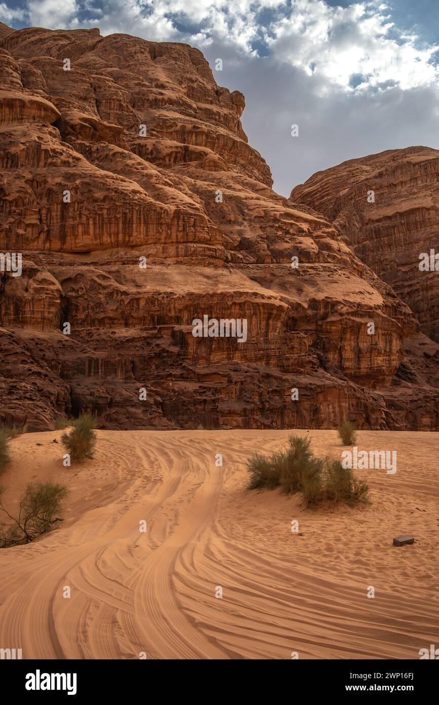 Vertical Landscape of Wadi Rum Red Desert with High Sandstone Stone in ...