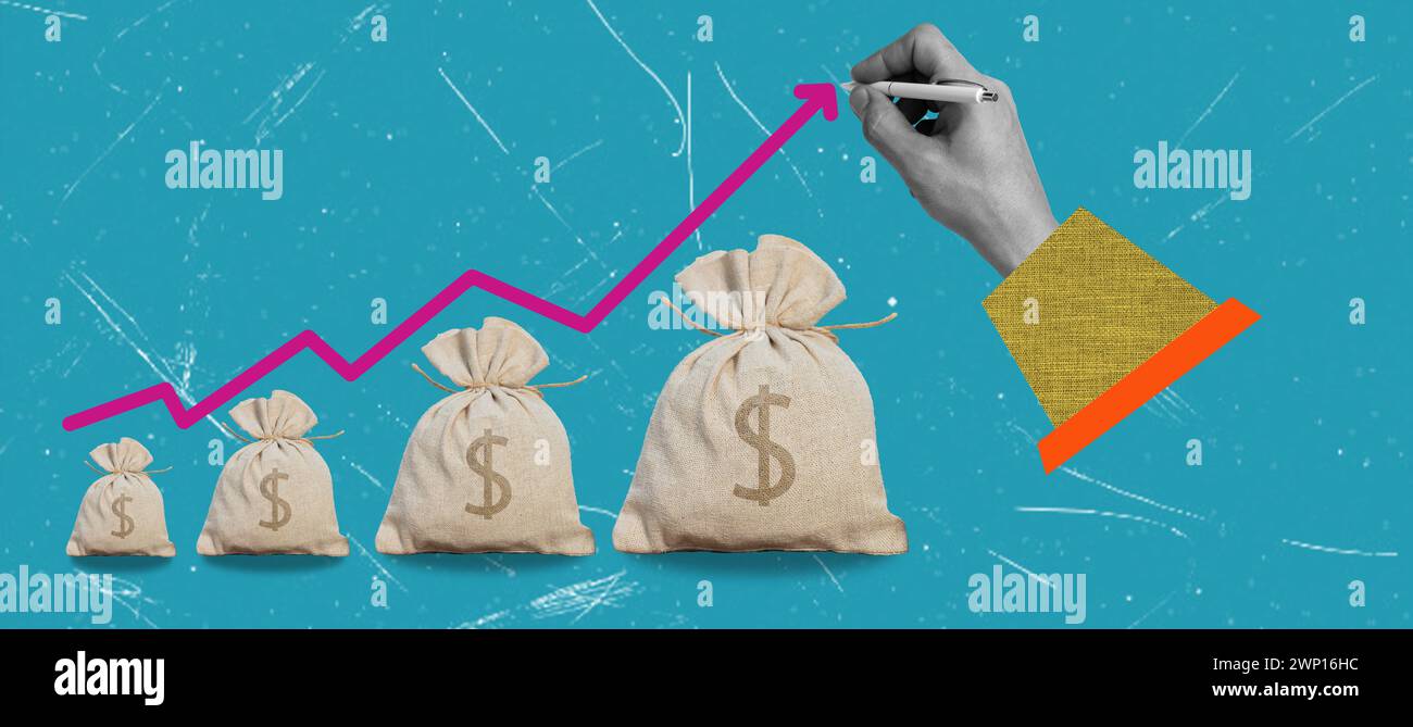Art collage, hand and bag of money, chart with up arrow. Concept of ...