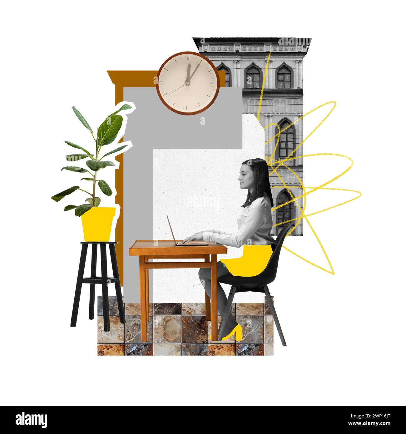 Modern aesthetic artwork. Young woman, assistant sitting at desk ...