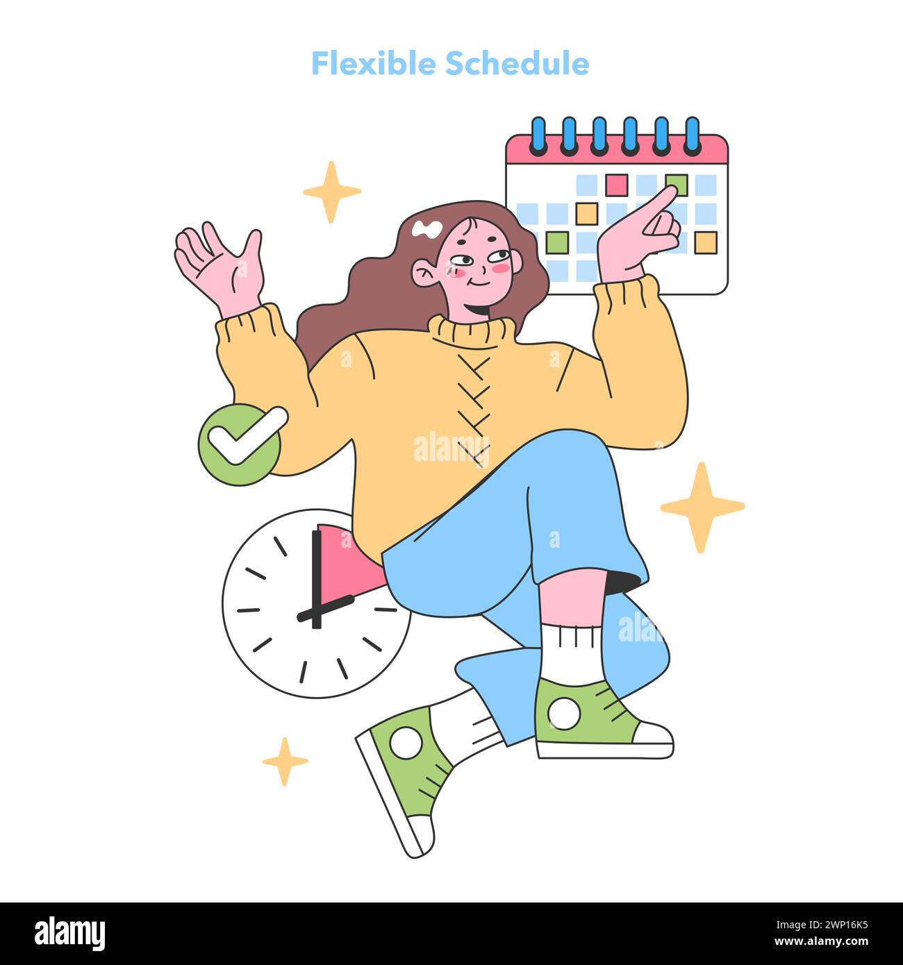 Joyful woman celebrates the freedom of a flexible schedule, pointing at ...