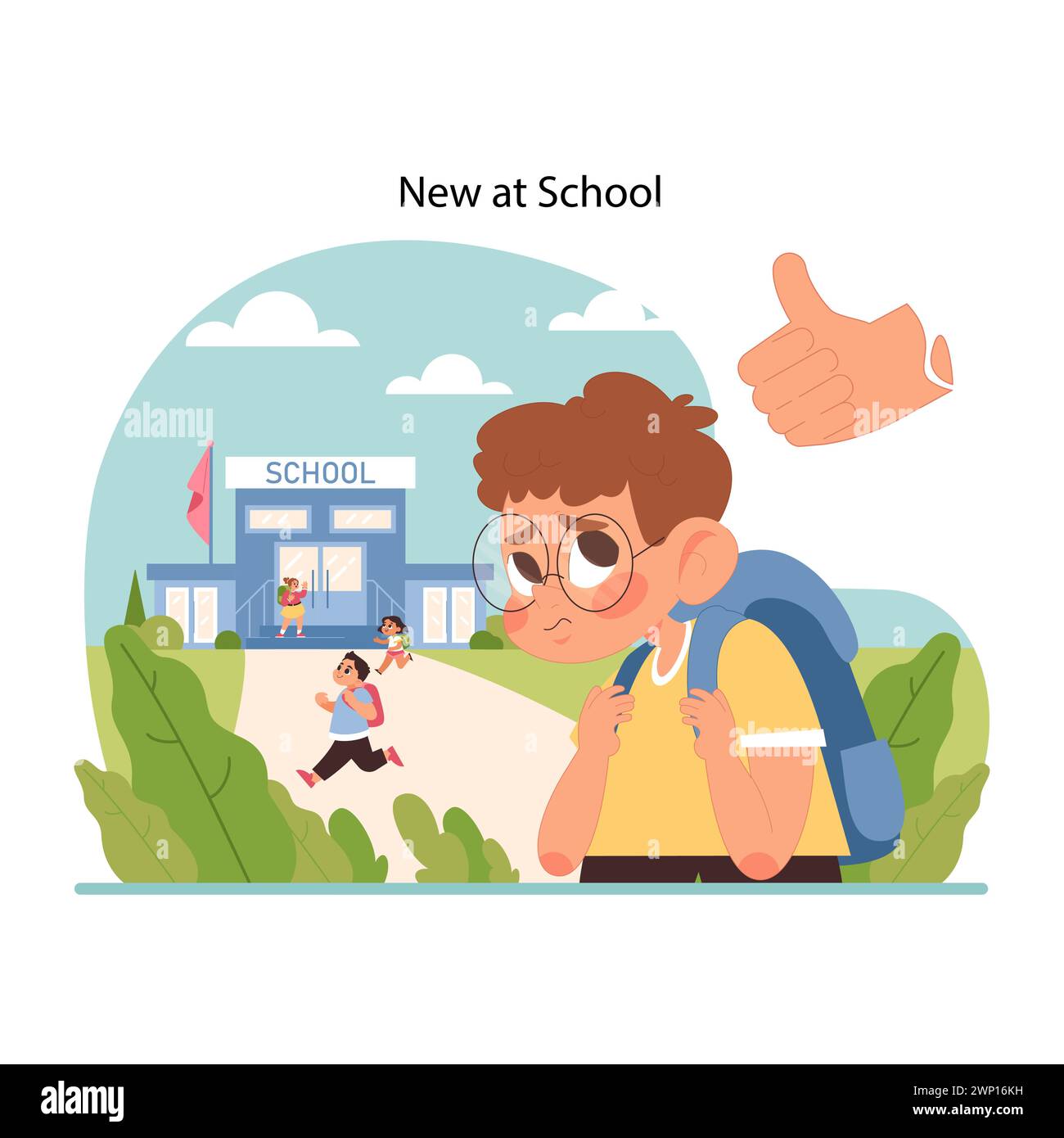 New at school concept. Shy boy going to unknown place, supported by ...