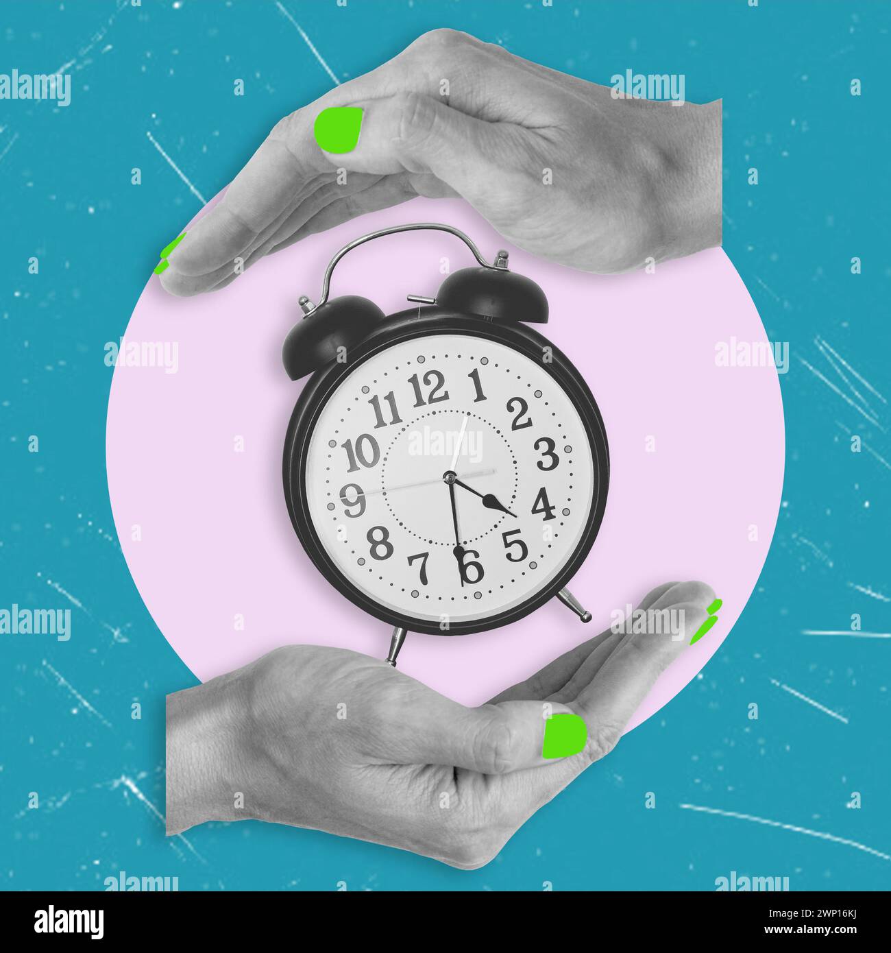 Art collage, hands and alarm clock. The concept of time and work Stock ...