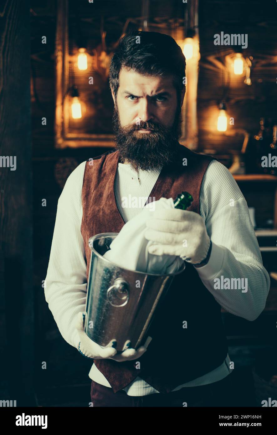 Bearded hipster wear waistcoat.Brutal bearded servant. Hipster barman ...