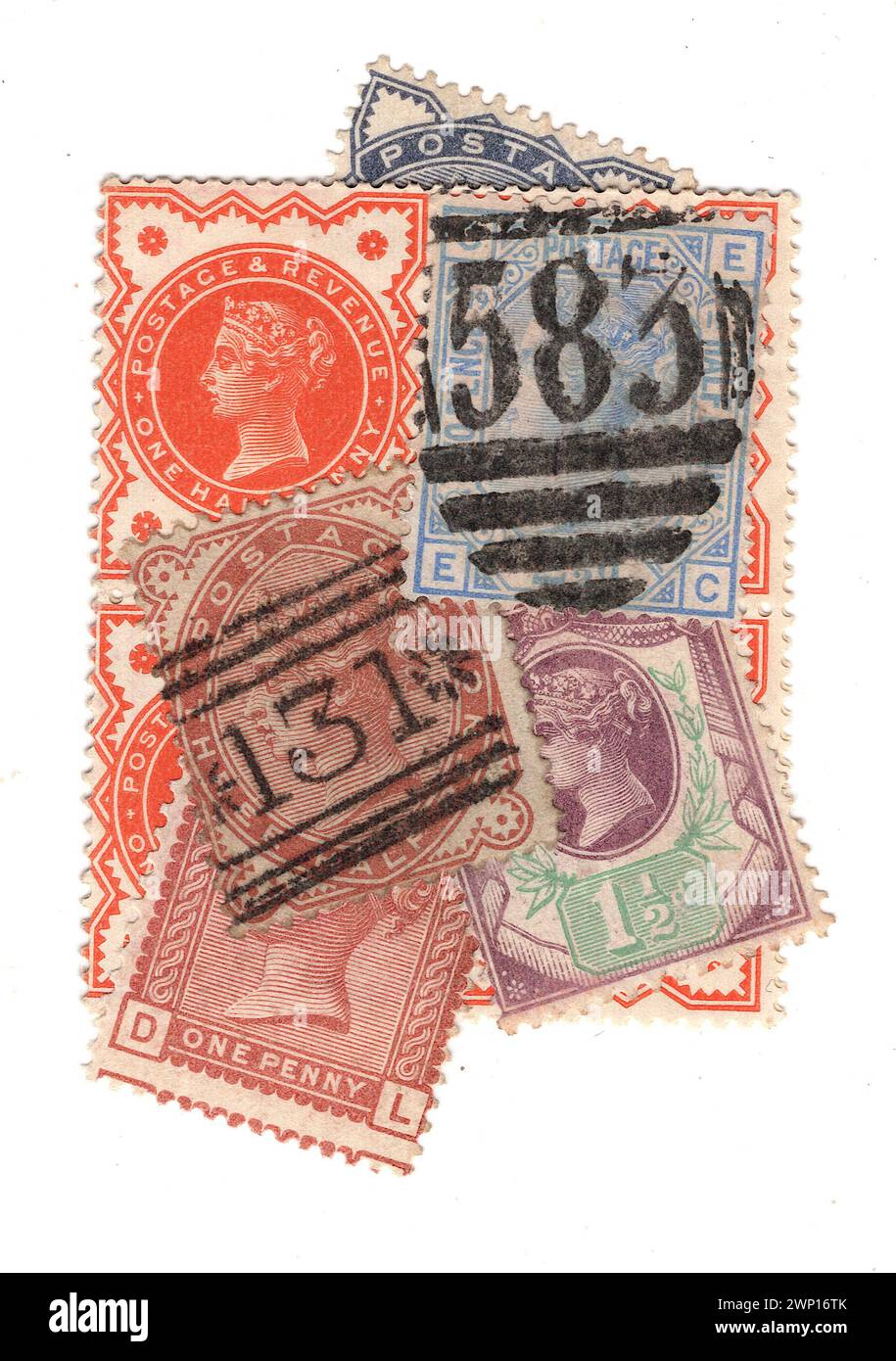 A montage of vintage Queen Victoria postage stamps from Great Britain ...