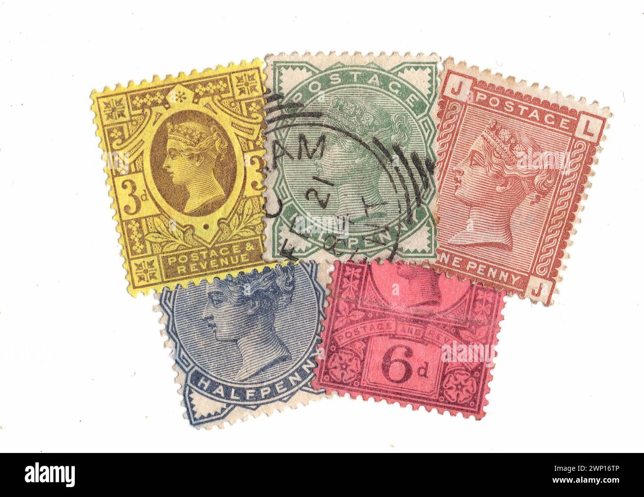 A montage of vintage Queen Victoria postage stamps from Great Britain ...