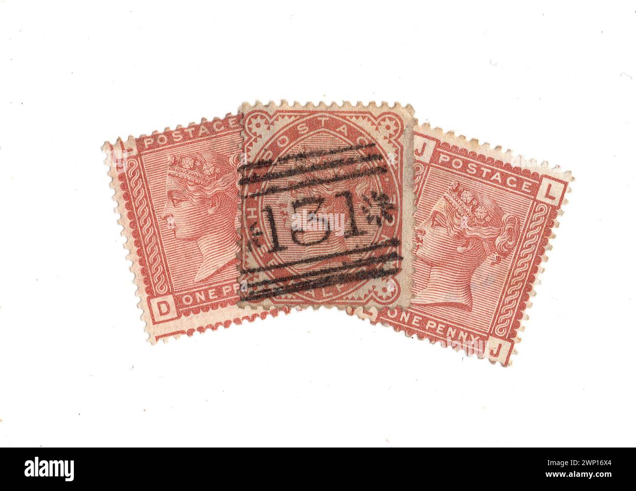 A montage of vintage Queen Victoria postage stamps from Great Britain ...