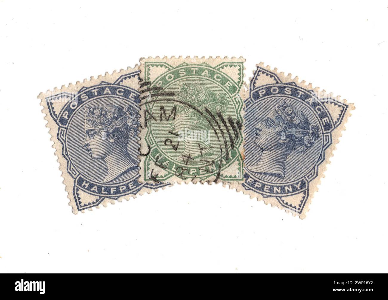 A montage of vintage Queen Victoria postage stamps from Great Britain ...