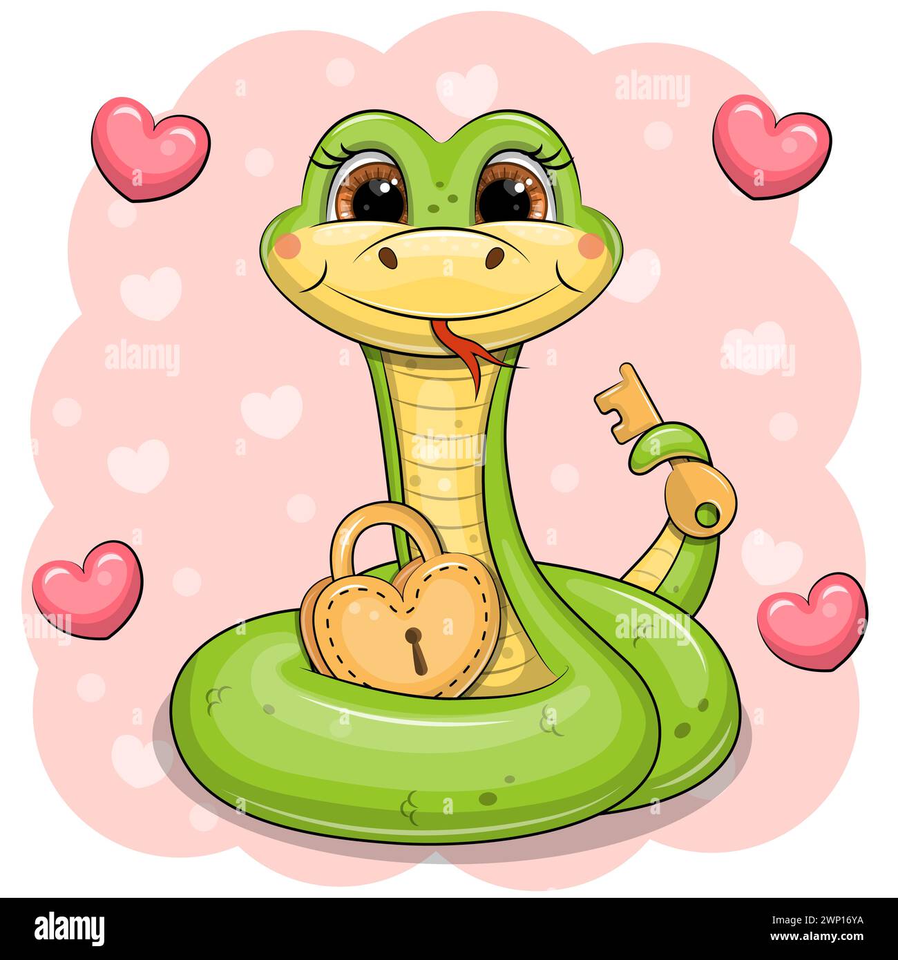 Cute cartoon green snake with lock and key. Vector illustration of an ...