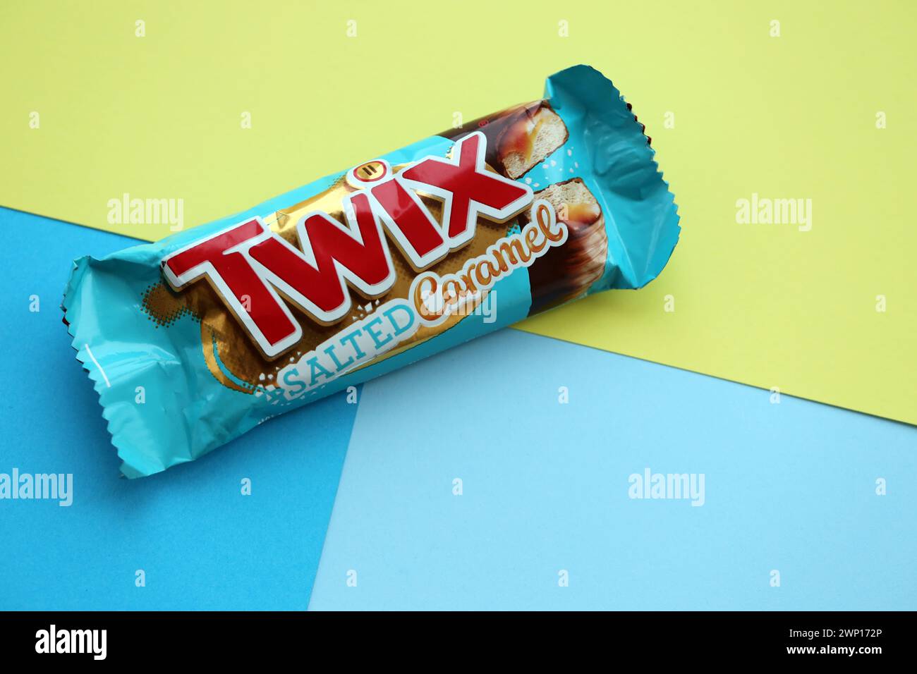 TERNOPIL, UKRAINE - JULY 7, 2023 Twix salted caramel blue wrapper on ...