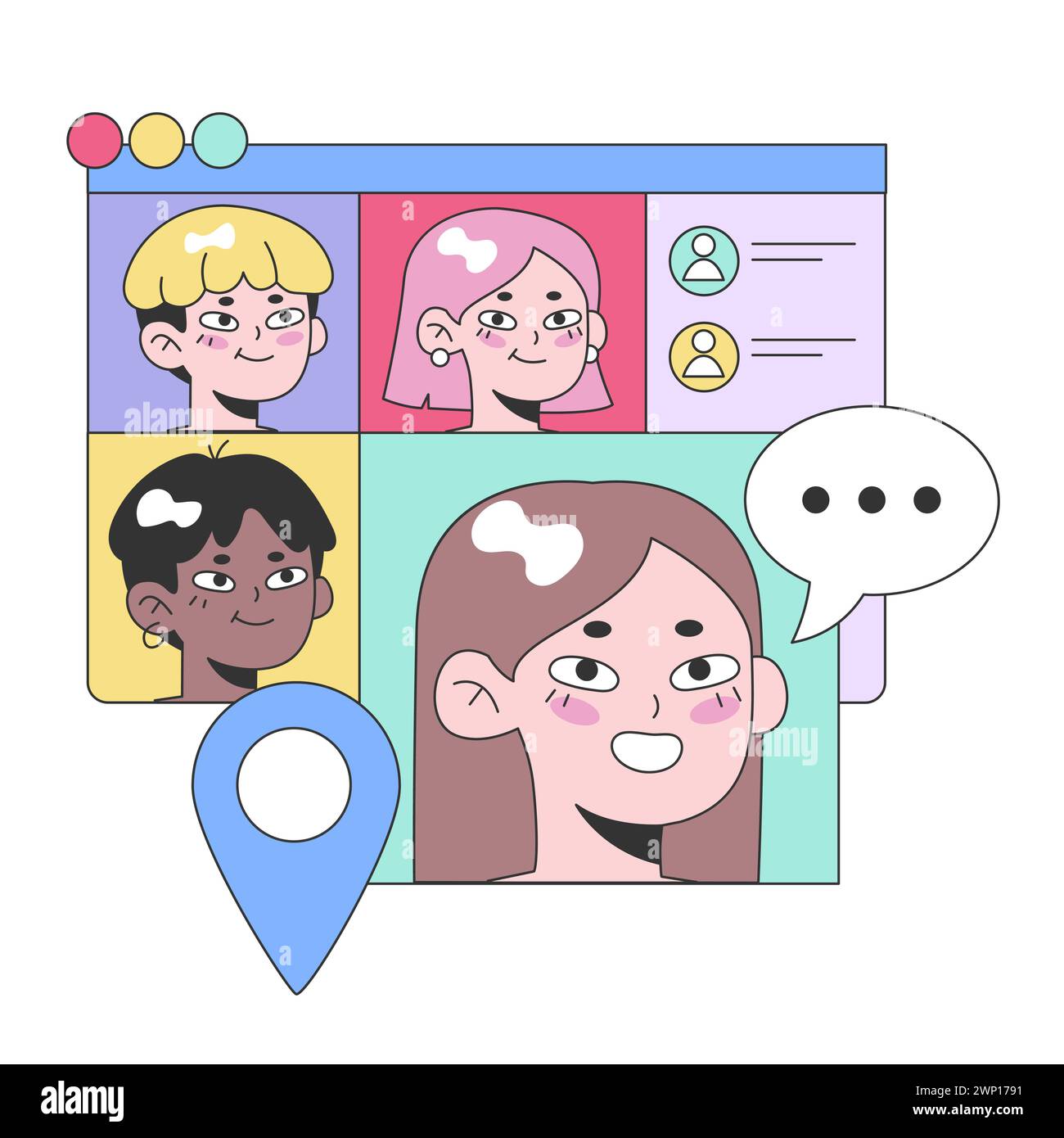 Diverse group of friends engages in an online chat platform, visualized ...