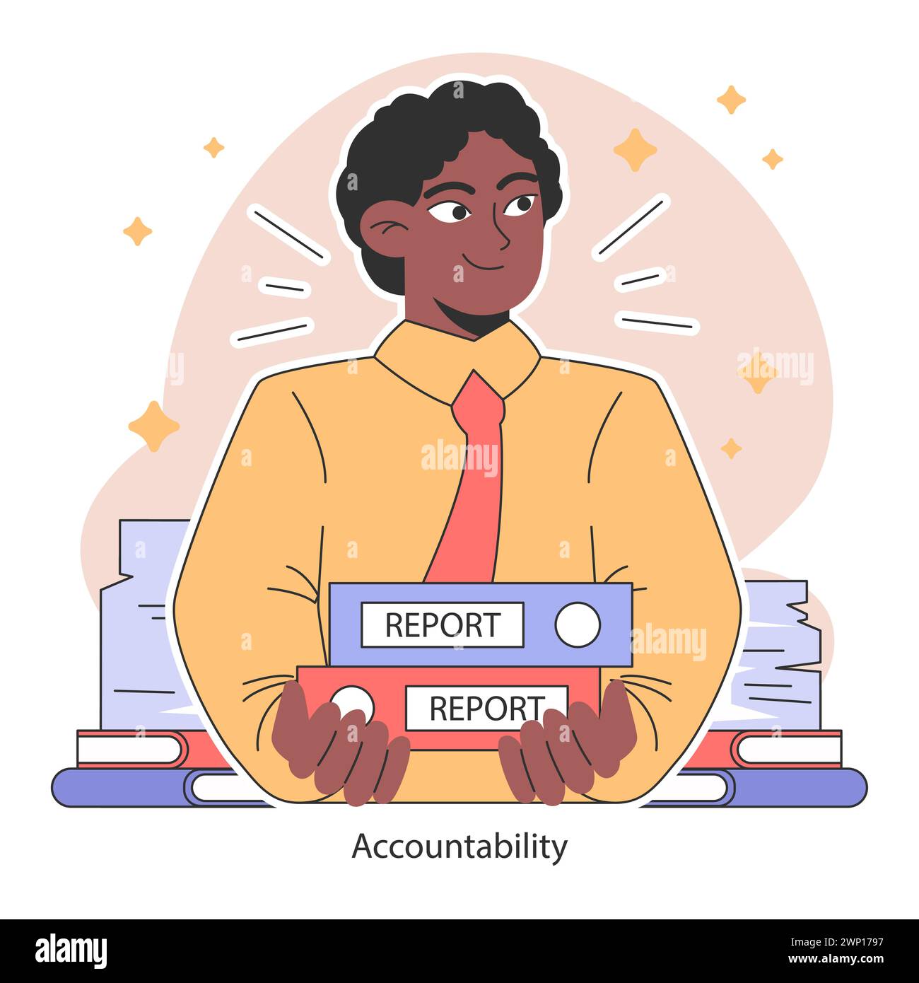 Accountability. Dedicated male employee holds reports, signifying responsibility and trust ...