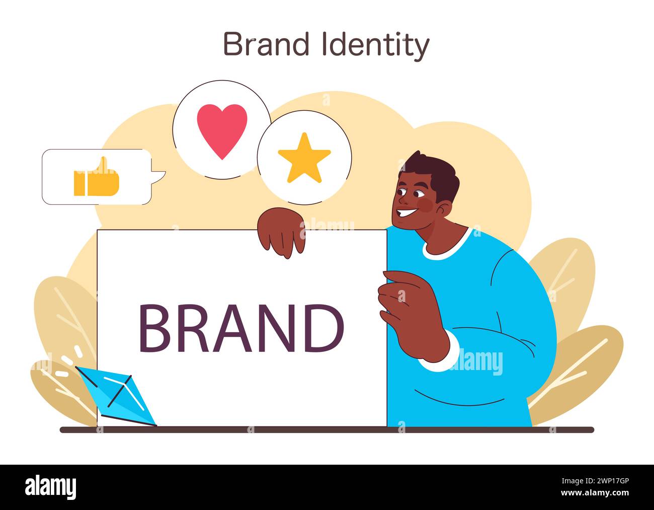 Brand identity concept. Portrays a person engaging with brand elements ...