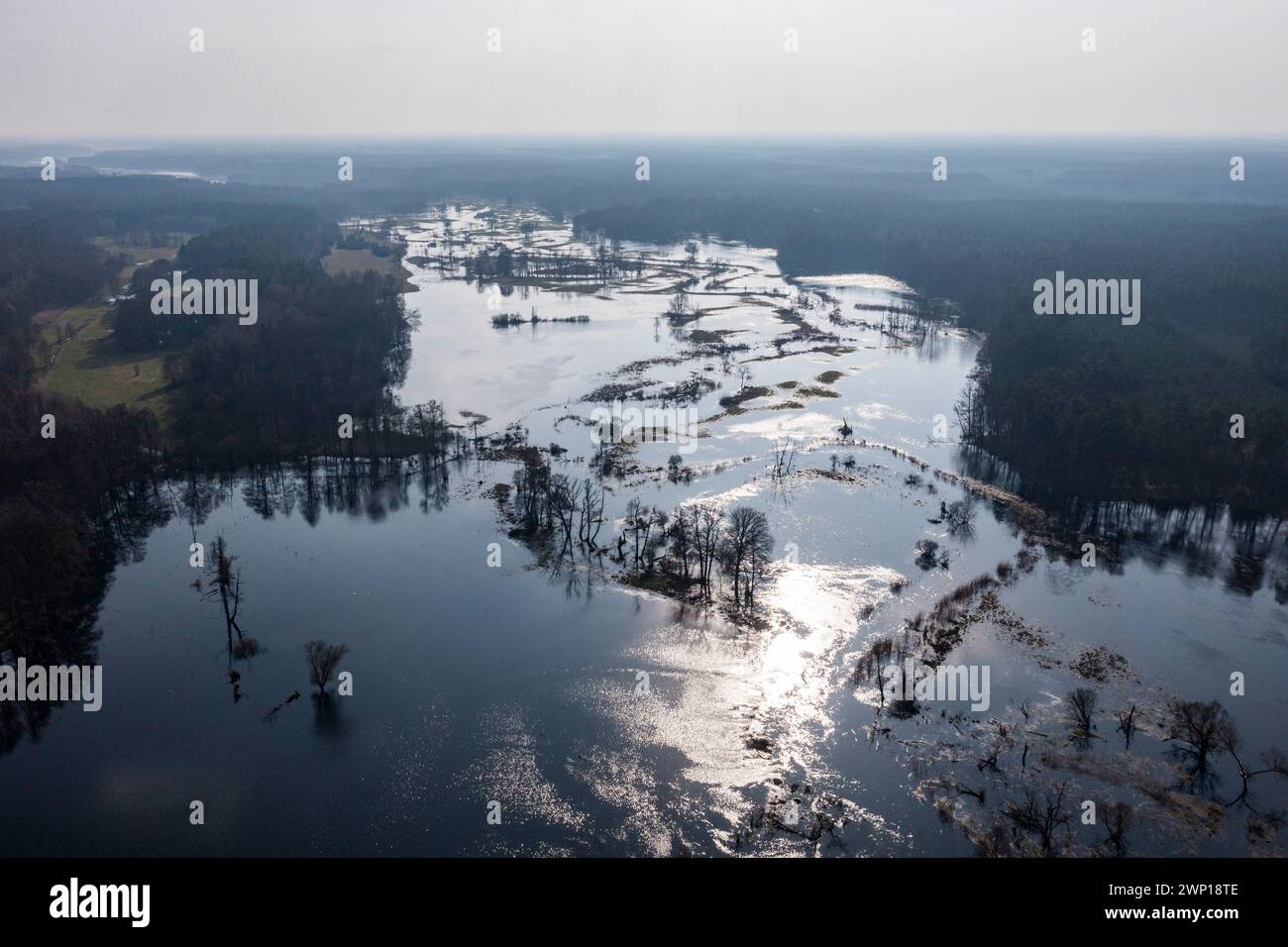 Flooded fields, meadows and forests during excessive rainfall. A river ...