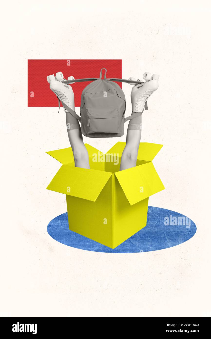 Vertical collage of human legs roller skates school girl diving into ...