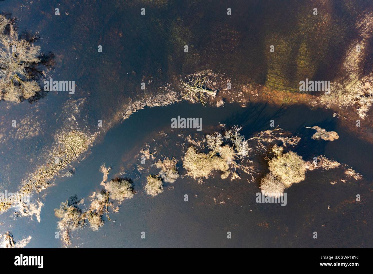 Flooded fields, meadows and forests during excessive rainfall. A river ...