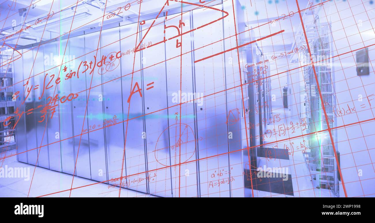 Image of mathematical equations and data processing over computer servers. Global computing ...