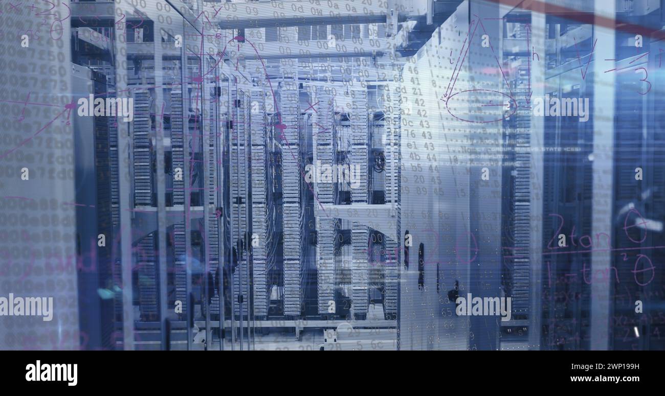 Image of mathematical equations and data processing over computer servers Stock Photo - Alamy