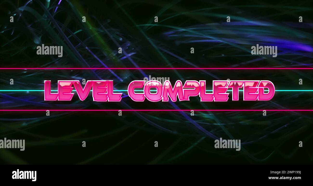 Digital image of level completed text over digital waves against black ...