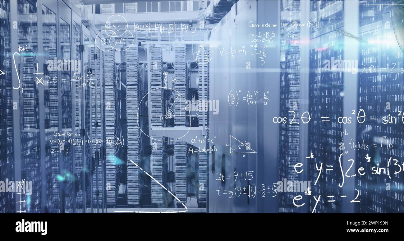 Image of mathematical equations and data processing over computer servers Stock Photo - Alamy