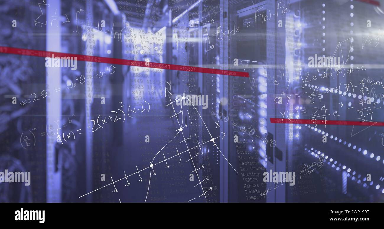 Image of mathematical equations and data processing over computer servers Stock Photo - Alamy