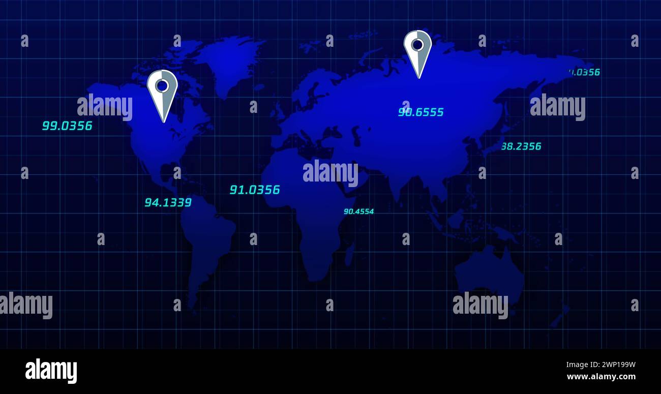 Digital image of location pin icons and floating numbers against world map on blue background ...