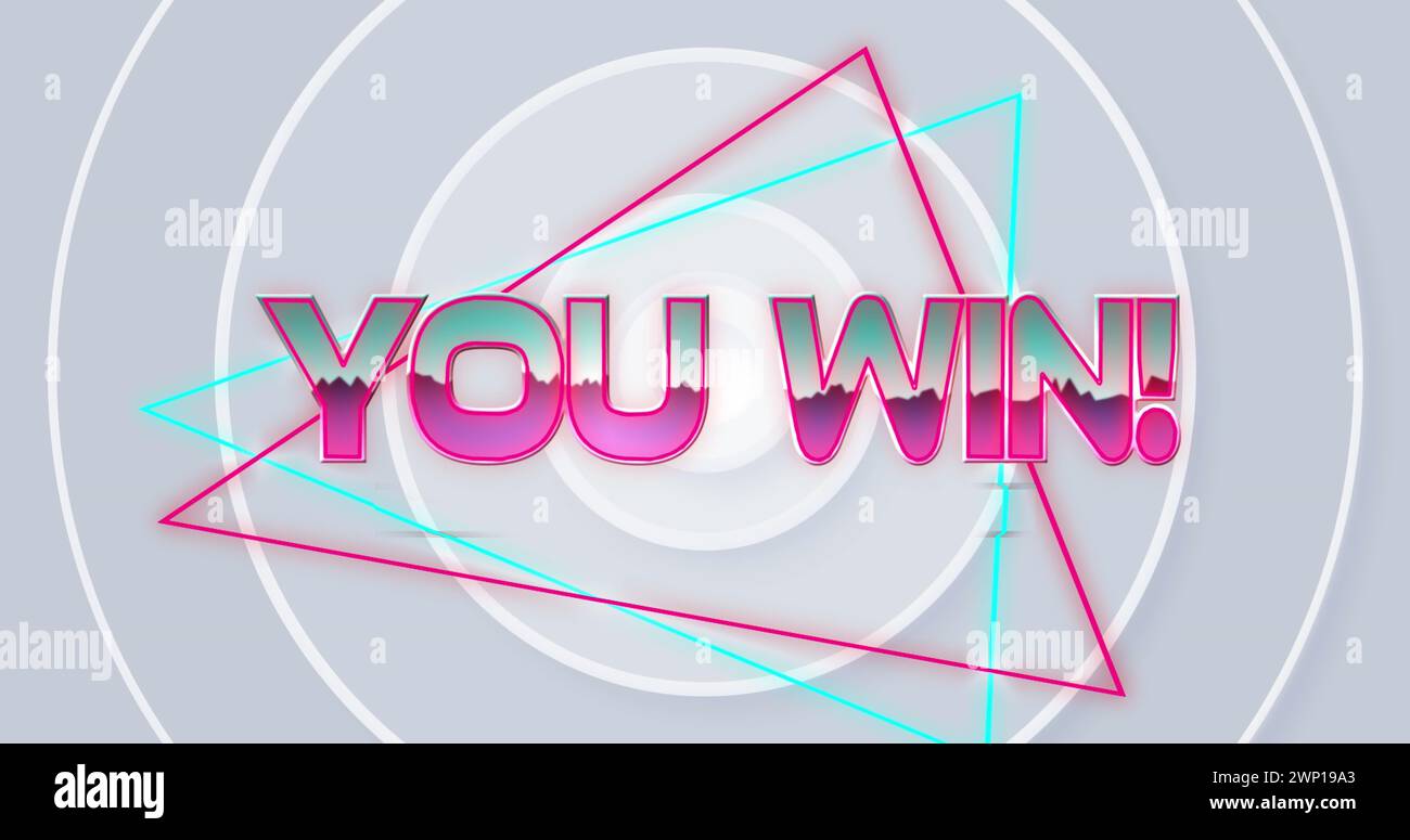 Digital image of you win text over neon triangle shapes against white ...