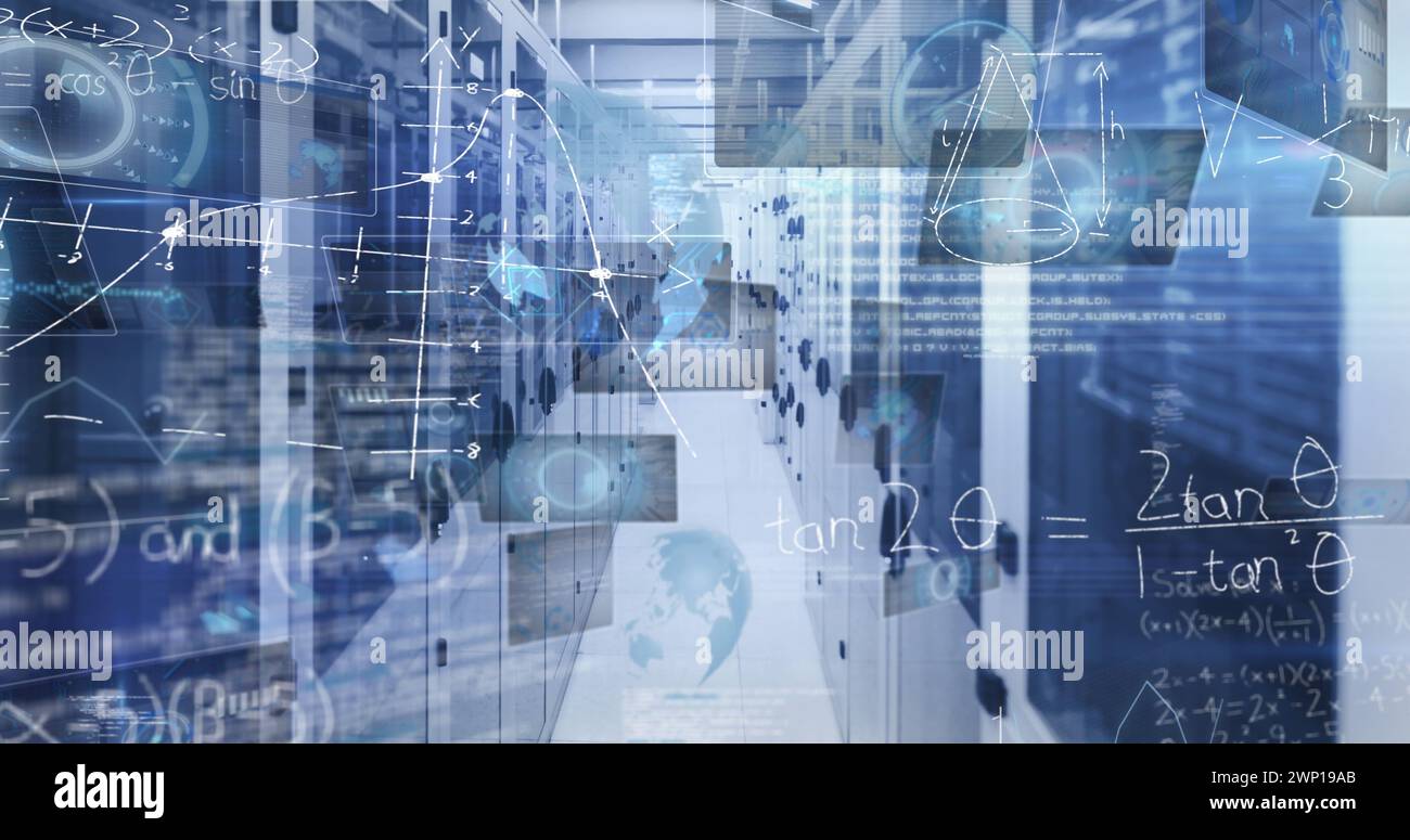 Image of scopes on screens, mathematical equations and data processing over computer servers ...