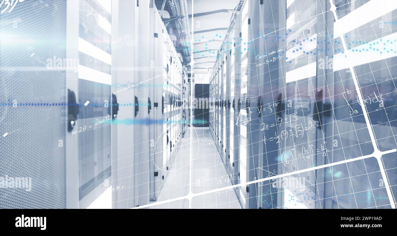 Image of mathematical equations and data processing over computer servers Stock Photo - Alamy