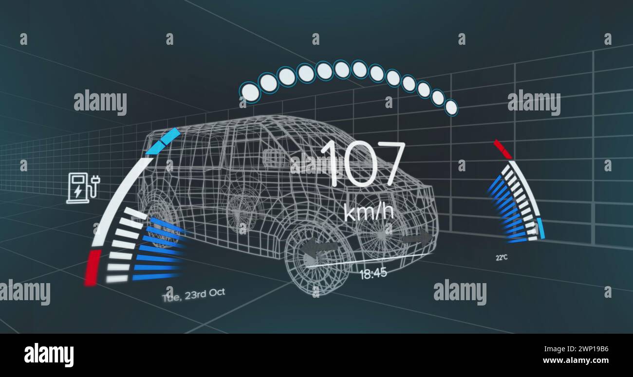 Image of interface with charging battery icon and speedometer over car Stock Photo - Alamy