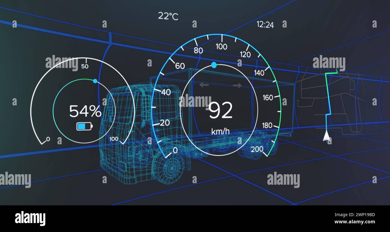Image of interface with charging battery icon and speedometer over truck Stock Photo - Alamy