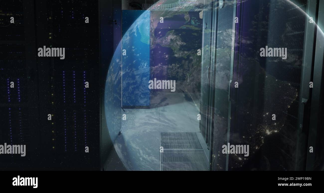 Image of a globe against computer server room Stock Photo - Alamy