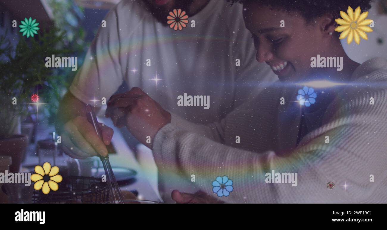Image of flowers over happy diverse couple cooking together Stock Photo ...