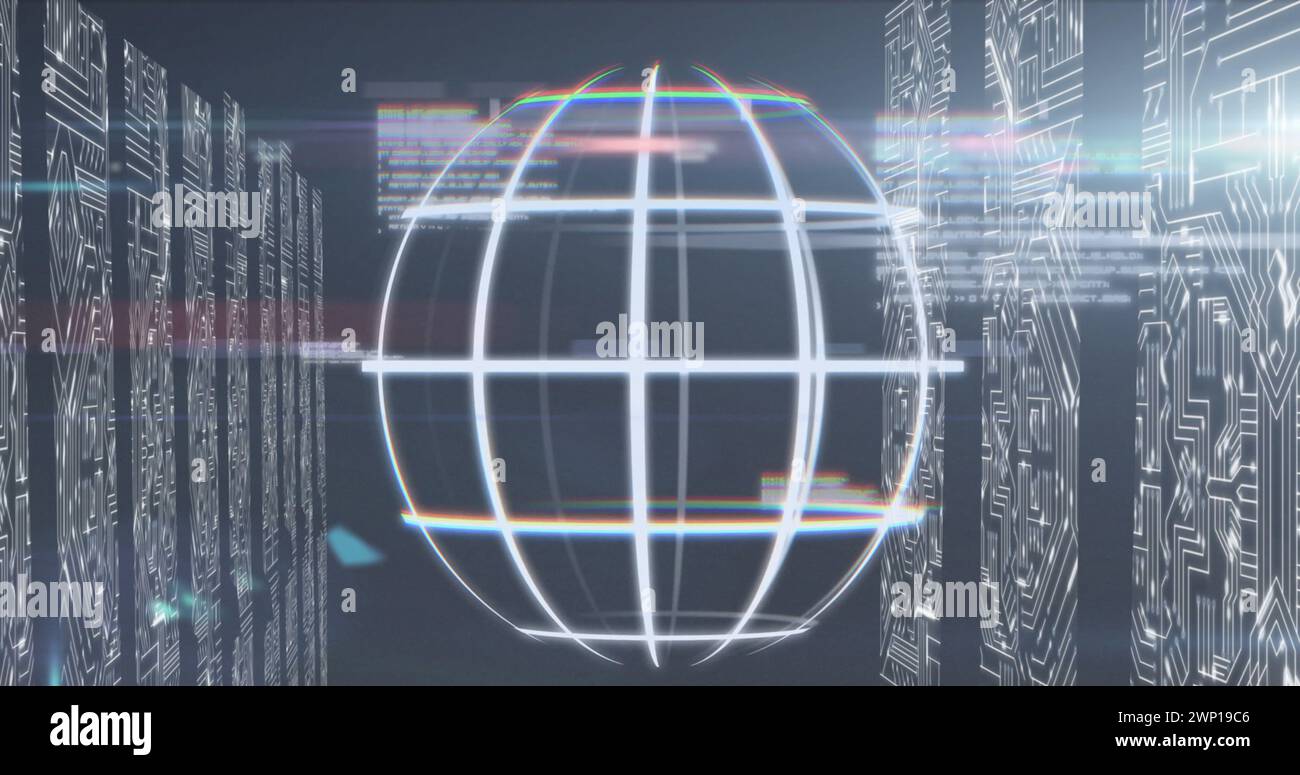 Image of data, integrated circuits and globe on black background Stock ...