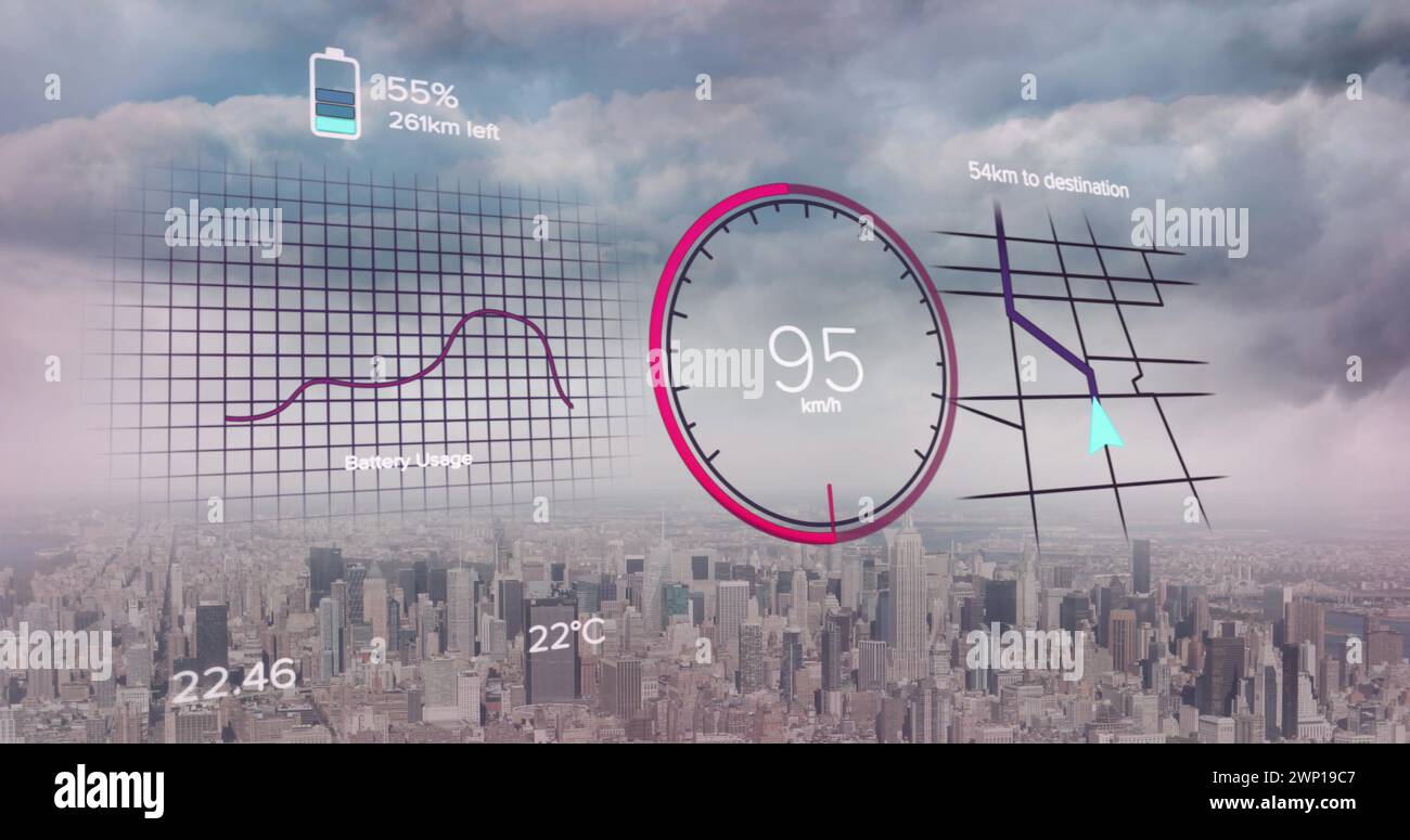 Image of interface with charging battery icon and speedometer over cityscape. energy, power and ...