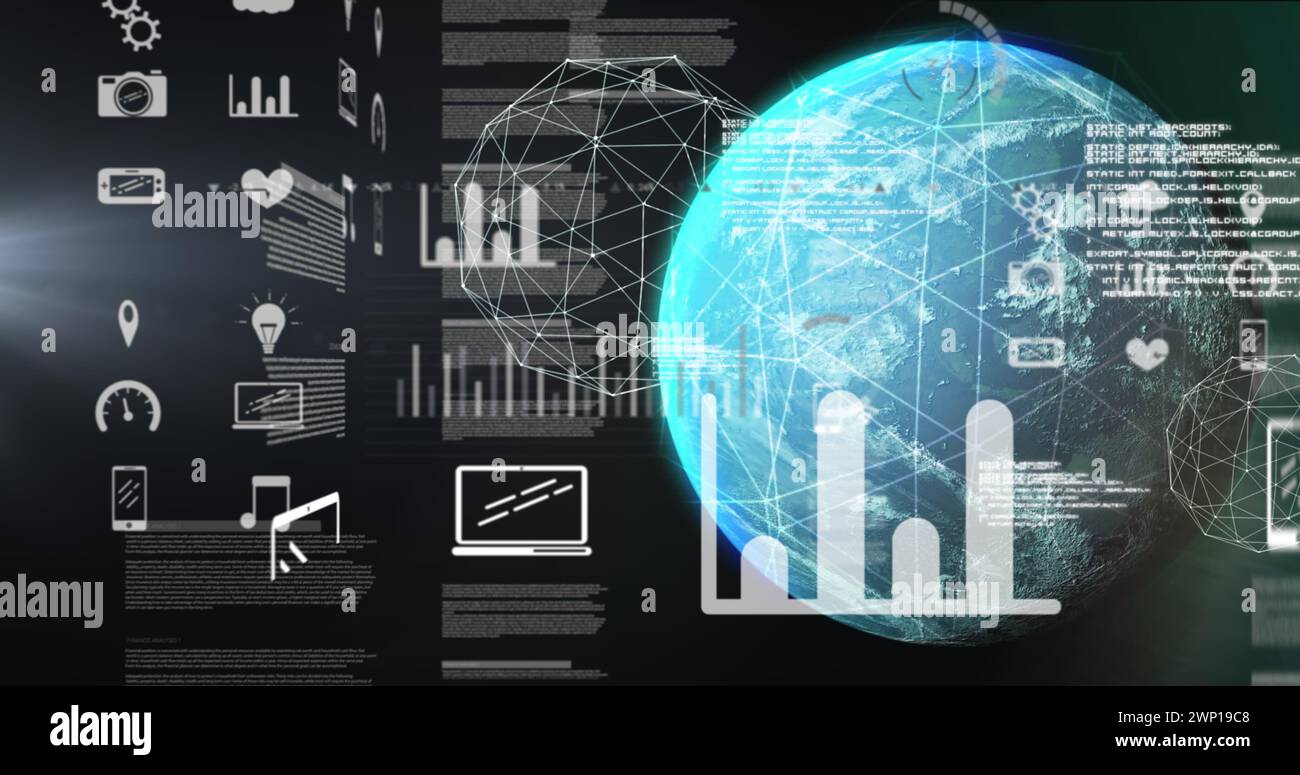 Image of graphs, data, connections and globe on black background Stock ...