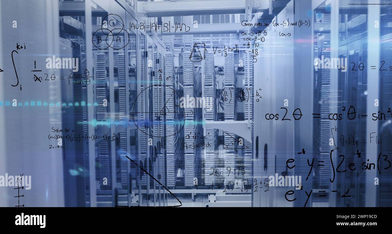 Image of mathematical equations and data processing against computer ...