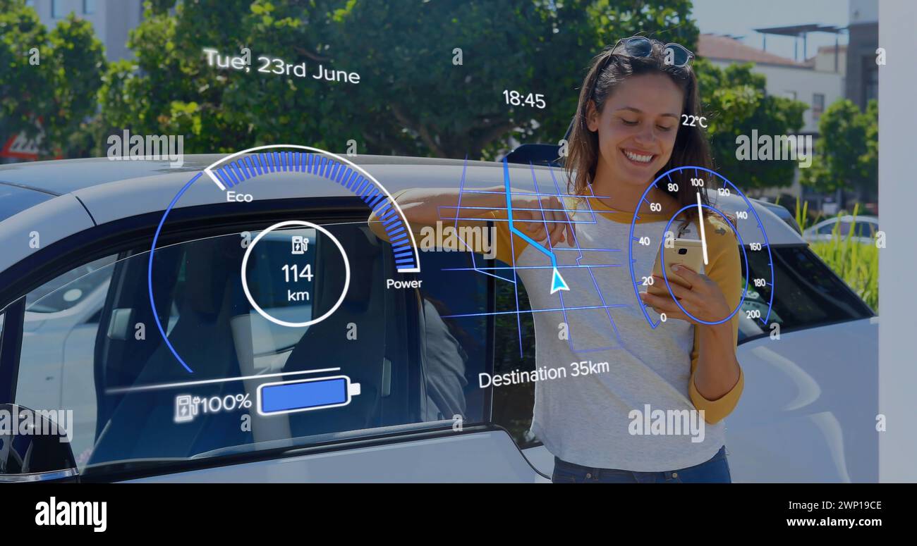 Image of interface with charging battery icon and speedometer over woman with smartphone Stock ...
