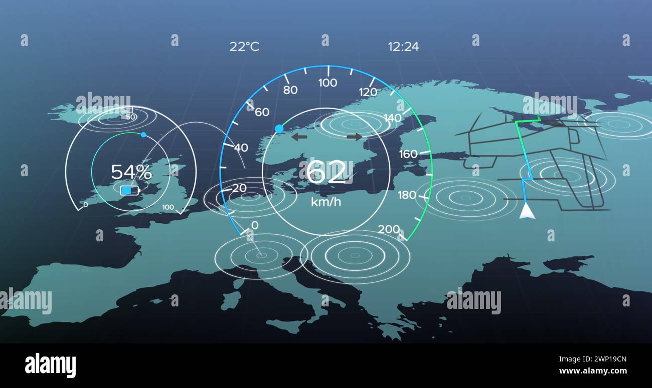 Image of interface with charging battery icon and speedometer over world map Stock Photo - Alamy