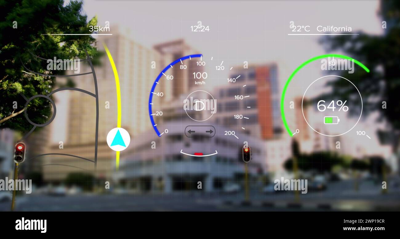 Image of interface with charging battery icon and speedometer over cityscape Stock Photo - Alamy
