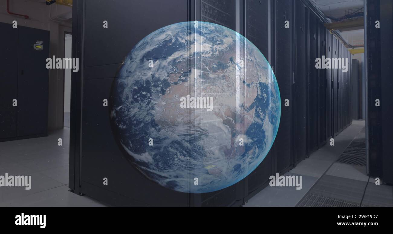 Image of a globe against computer server room Stock Photo - Alamy