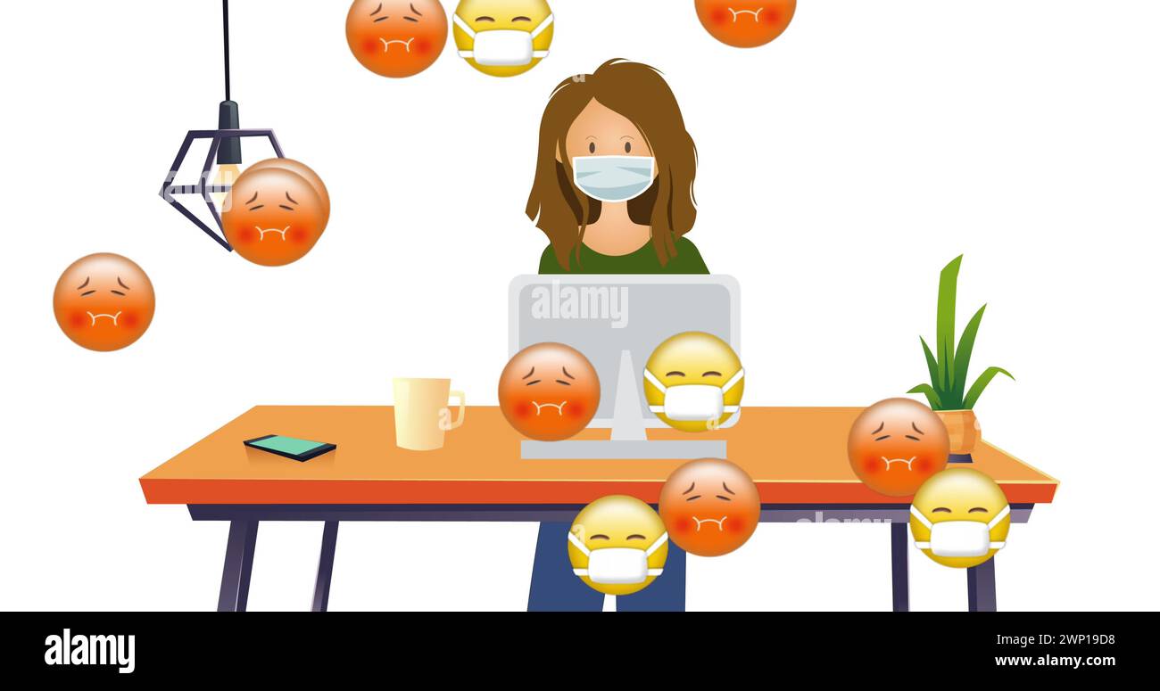 Image Of Floating Emojis With Face Masks Over Pictogram Of Woman In Face Mask Using Computer