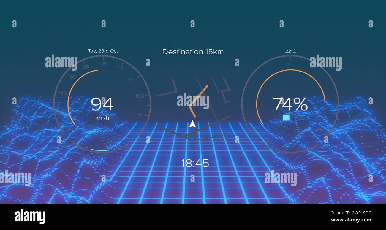 Image of interface with charging battery icon and speedometer over moving shapes Stock Photo - Alamy