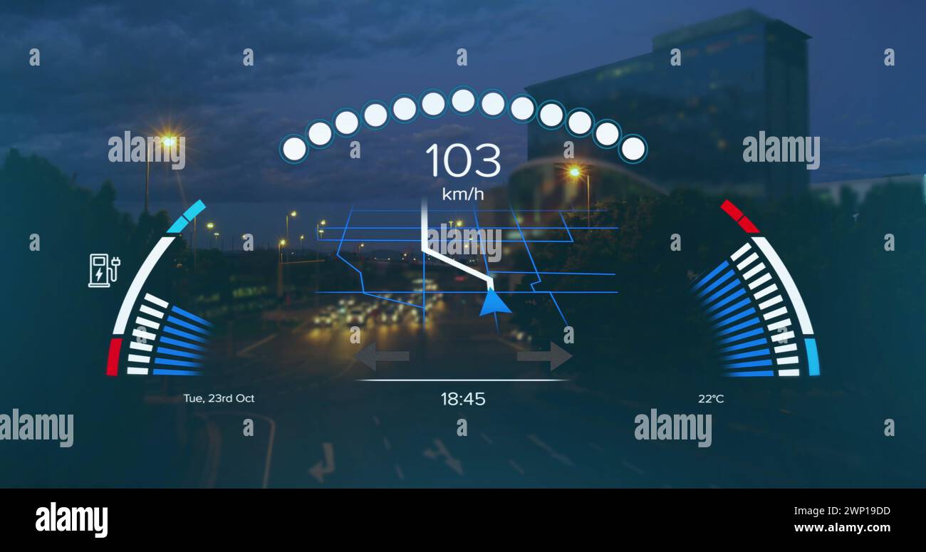 Image of interface with charging battery icon and speedometer over cityscape Stock Photo - Alamy